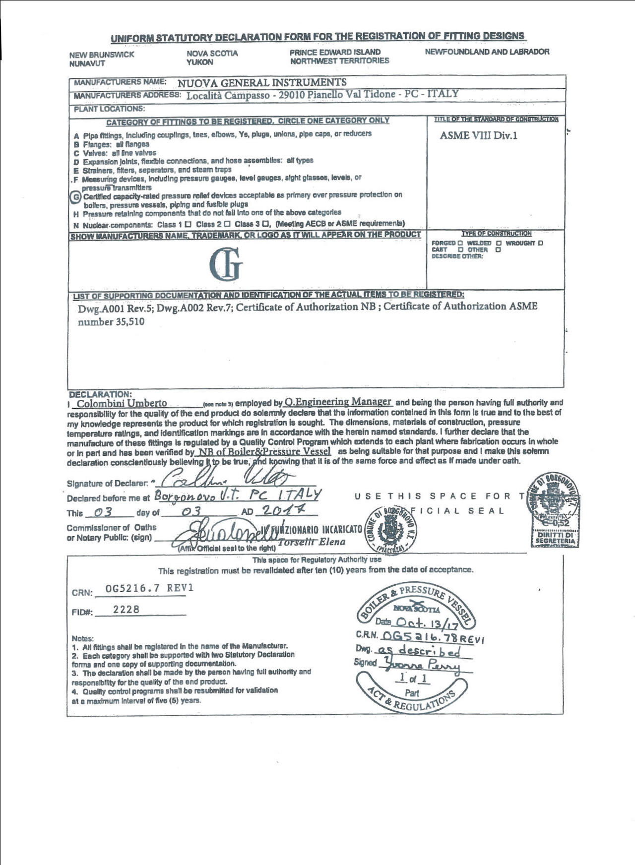 CRN (CANADIAN REGISTRATION NUMBER) - Certificazioni - Nuova General Instruments S.r.l. - Piacenza