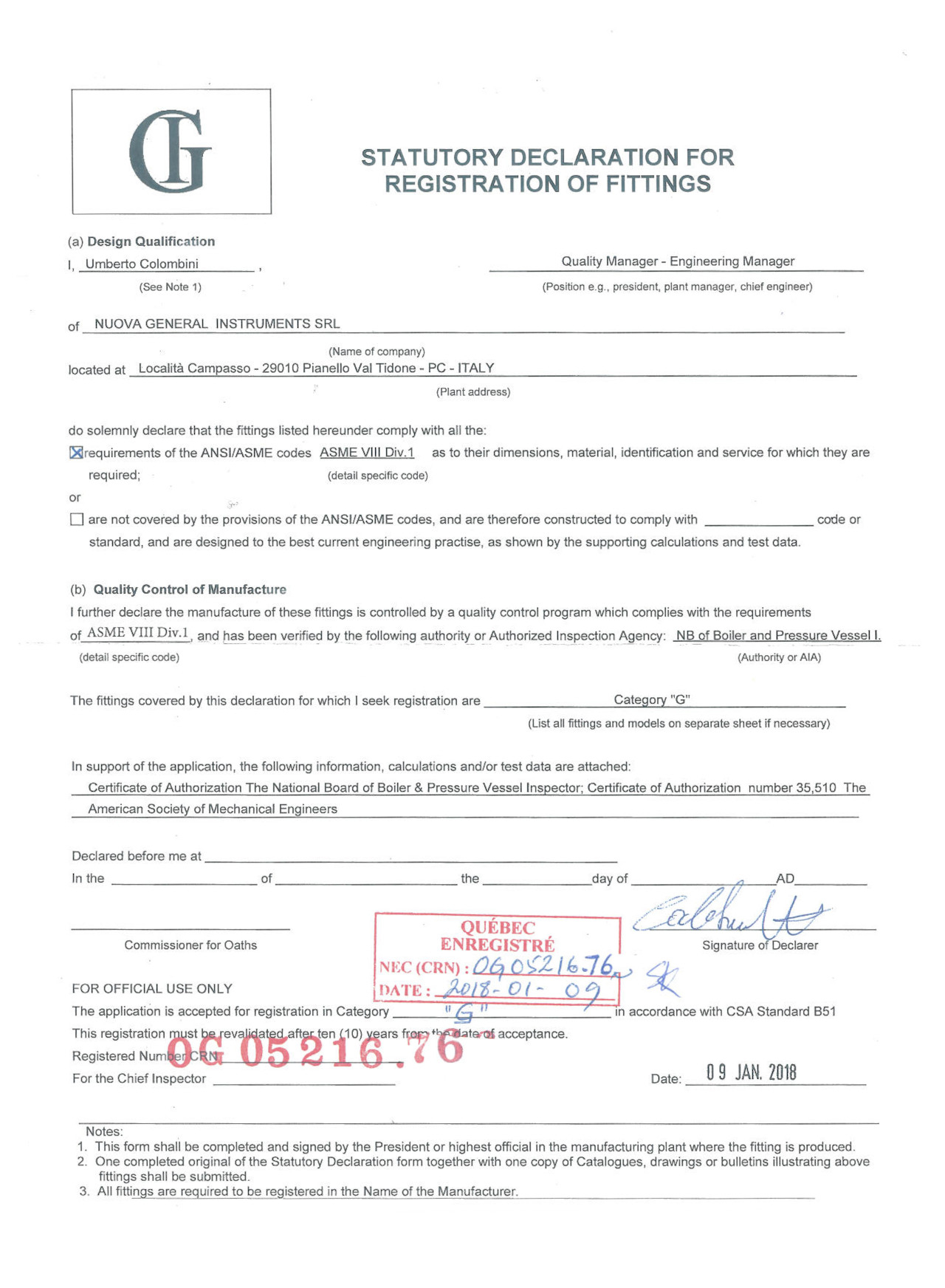 CRN (CANADIAN REGISTRATION NUMBER) - Certificazioni - Nuova General ...