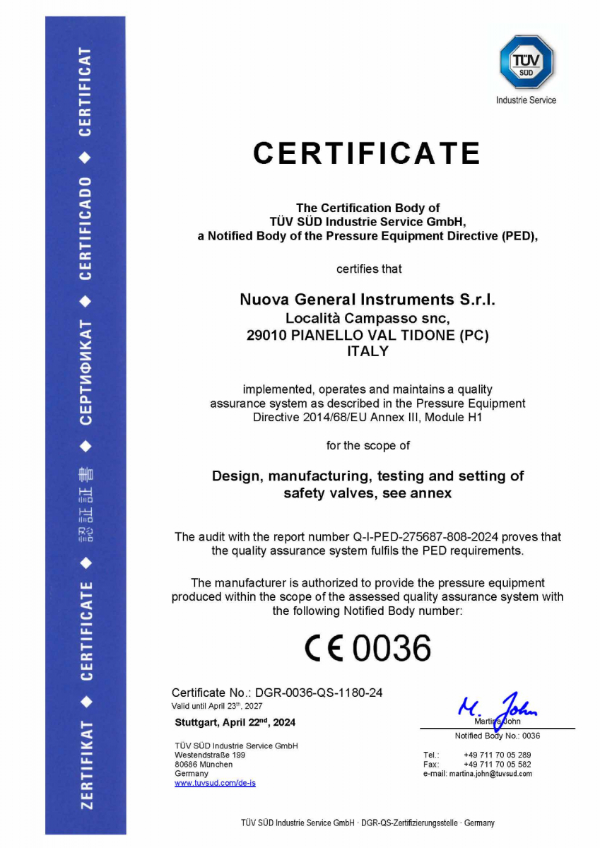 CE (PED) - Certificazioni - Nuova General Instruments S.r.l. - Piacenza